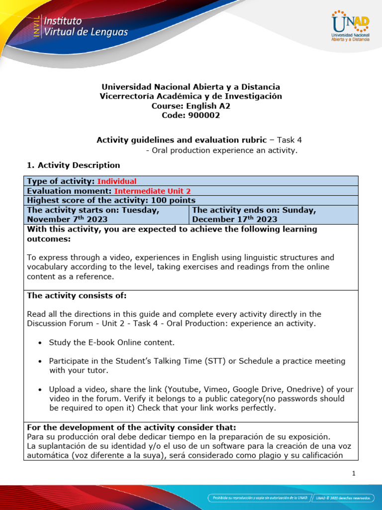 Activity Guide and Evaluation Rubric - Unit 2 - Task 4 - Oral ...