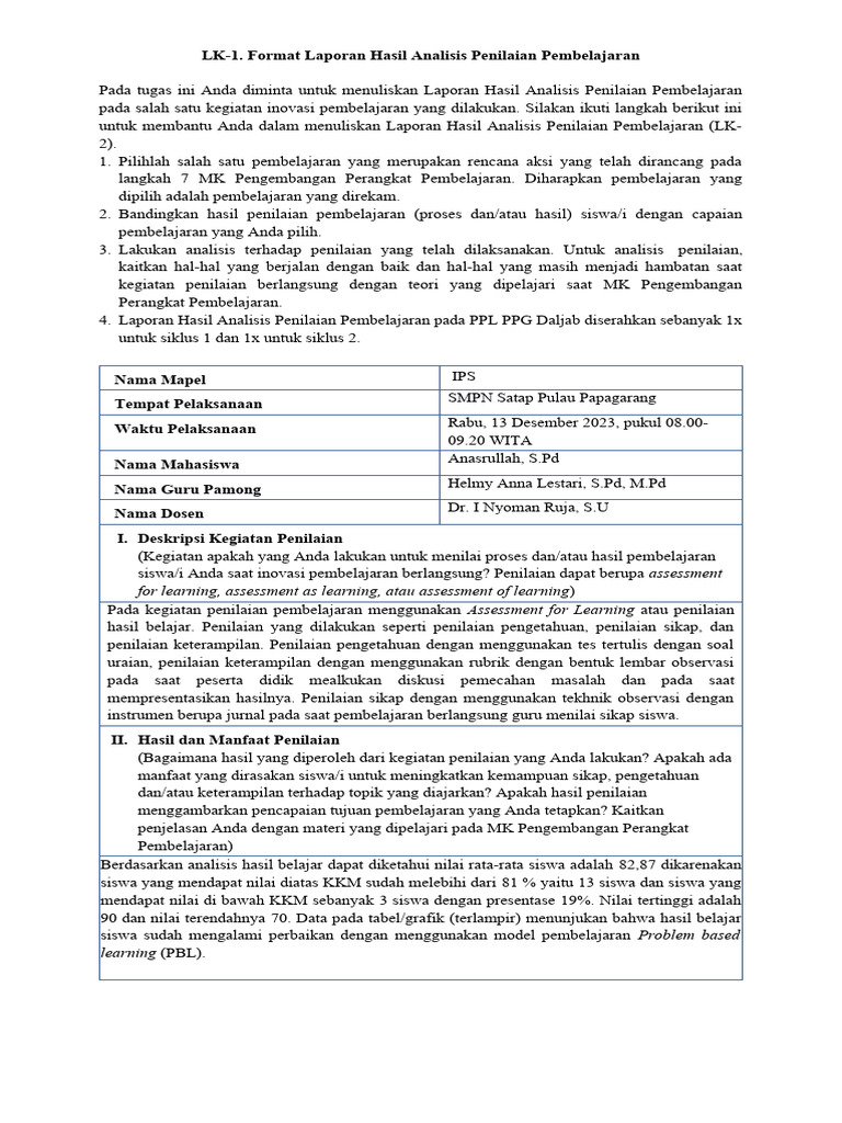 LK-1. Laporan Hasil Analisis Penilaian Pembelajaran | PDF