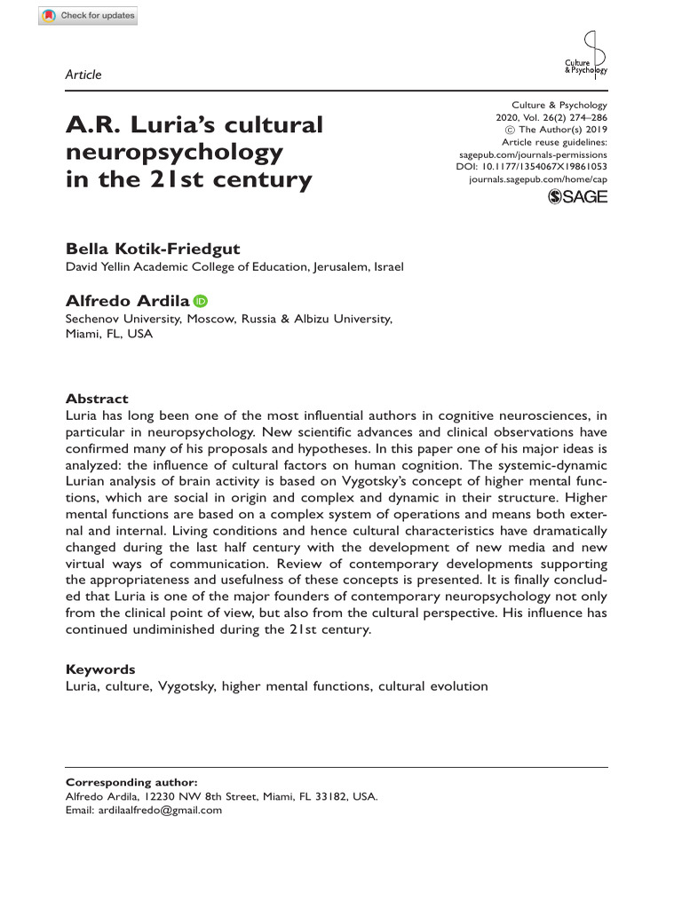 3 Luria's Cultural Neuropsychology in The 21st Century | PDF ...