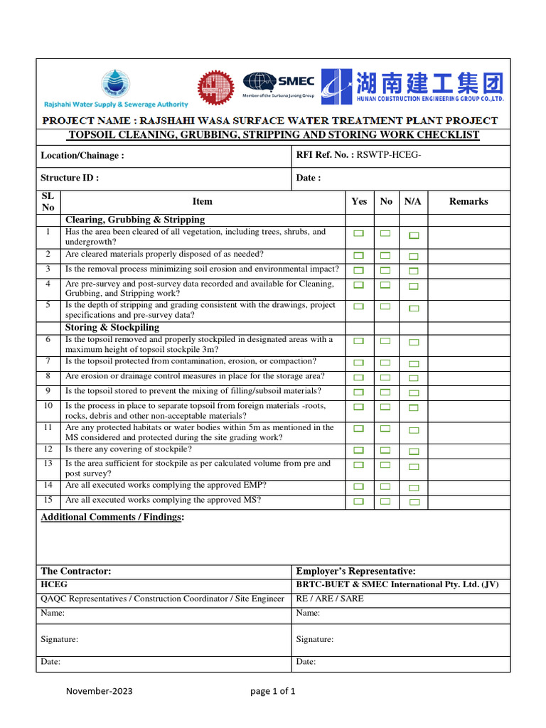 05 - Topsoil Clearing, Grubbing, Stripping and Storing Checklist (RSWTP ...