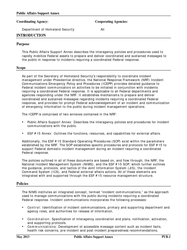 Fema NRF Support-Annex Public-Affairs | PDF | United States Department ...