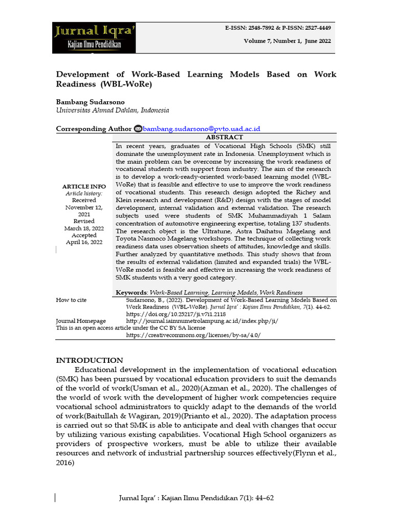 Joe, Development of Works Based (Sudah Revisi) Learning Models Based On Work Readiness | PDF ...