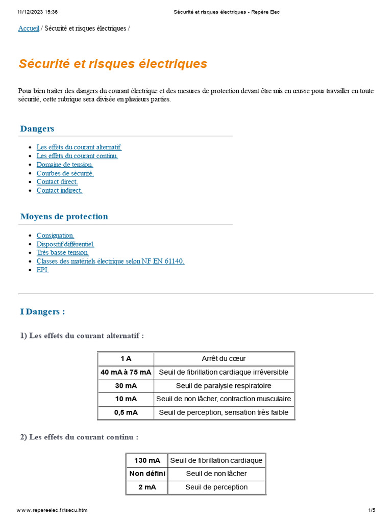 Sécurité Et Risques Électriques - Repère Elec | PDF