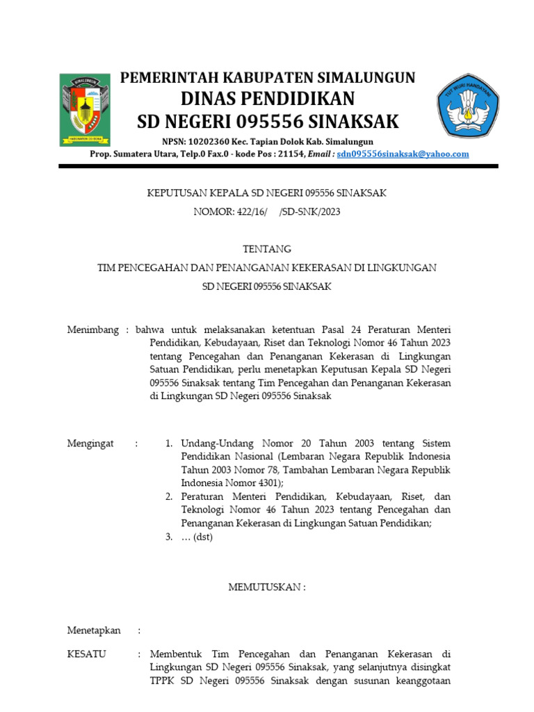 Tim Pencegahan Kekerasan SD 095556 | PDF