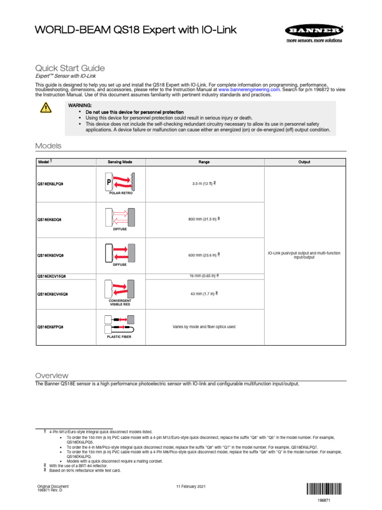 WORLD-BEAM QS18 Expert With IO-Link: Quick Start Guide | PDF ...