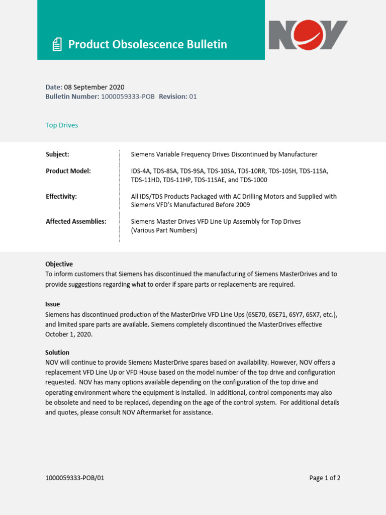 Product Obsolescence Bulletin: 08 September 2020 | PDF