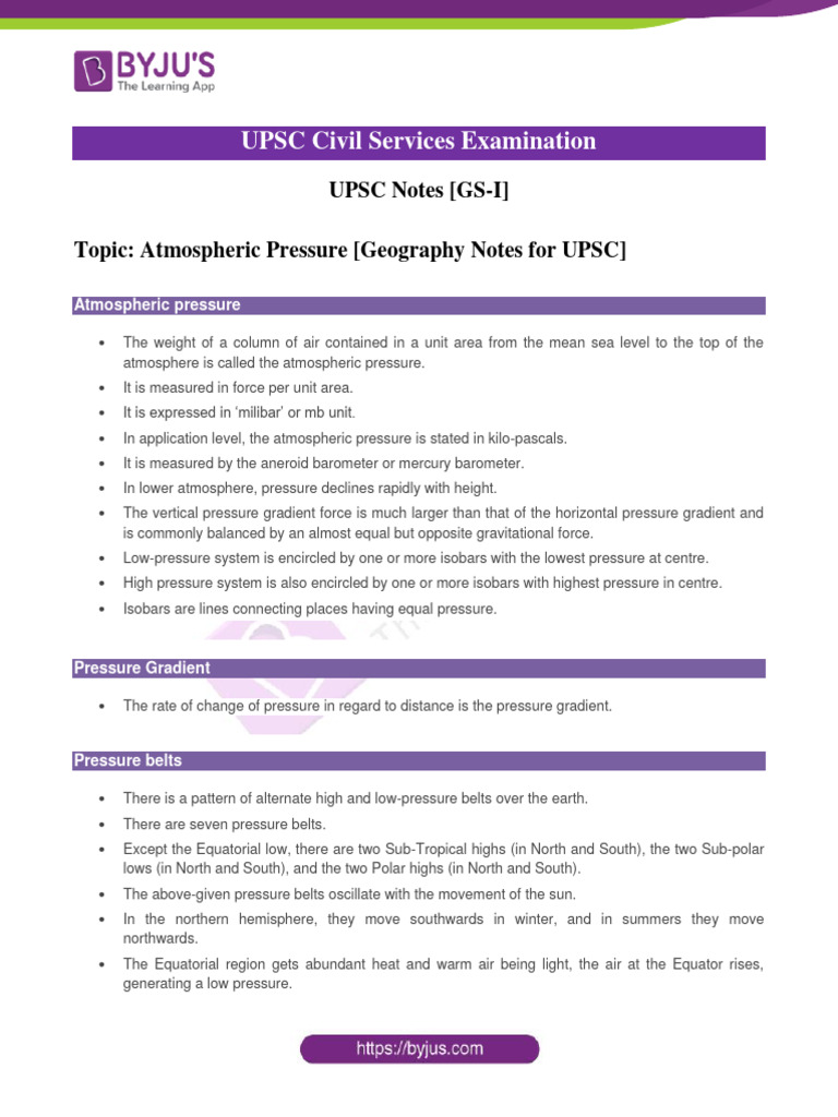 Atmospheric Pressure Geography Notes For UPSC | PDF
