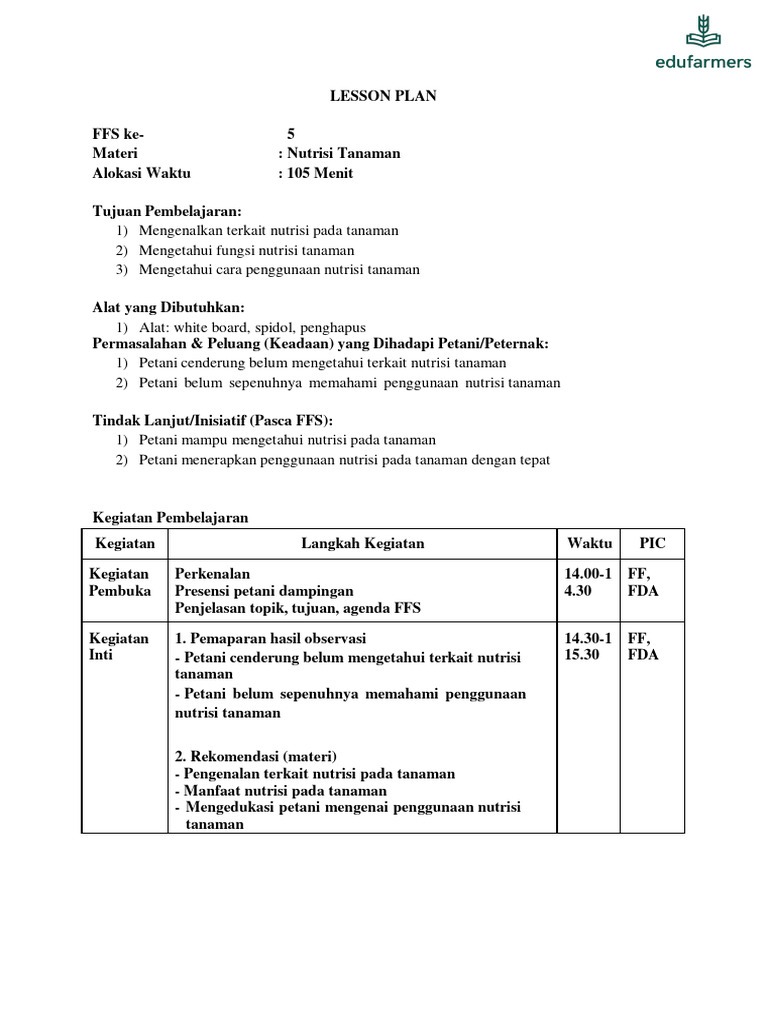 Lesson Plan FFS 5 Sukanagara | PDF | Sains & Matematika