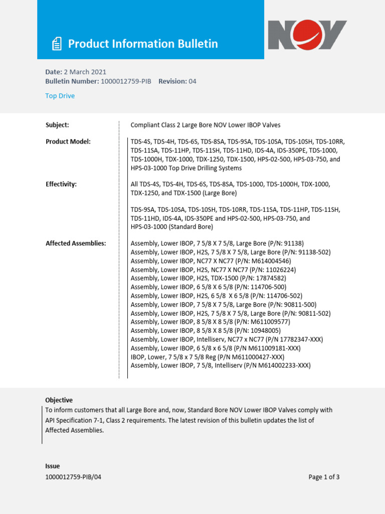 1000012759-PIB Large Bore NOV Lower IBOP Valves | PDF