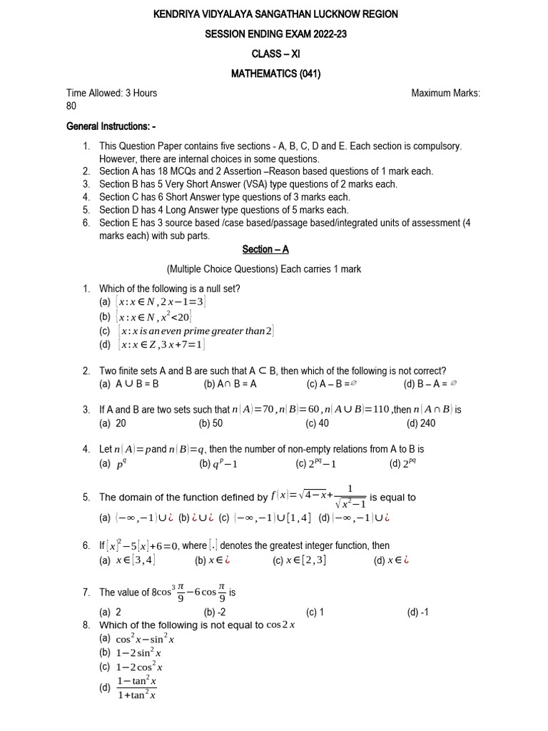 XI Maths QP 2022-23 (KVS, Lucknow) | PDF | Variance | Ellipse