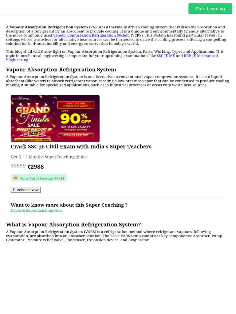 Vapour Absorption Refrigeration System - Diagram, Parts, Working | PDF