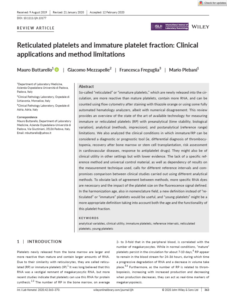 Int J Lab Hematology - 2020 - Buttarello - Reticulated Platelets and ...