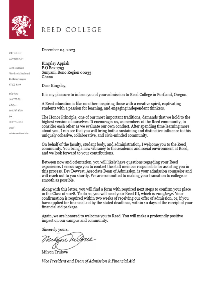 Reed Admission Offer | PDF