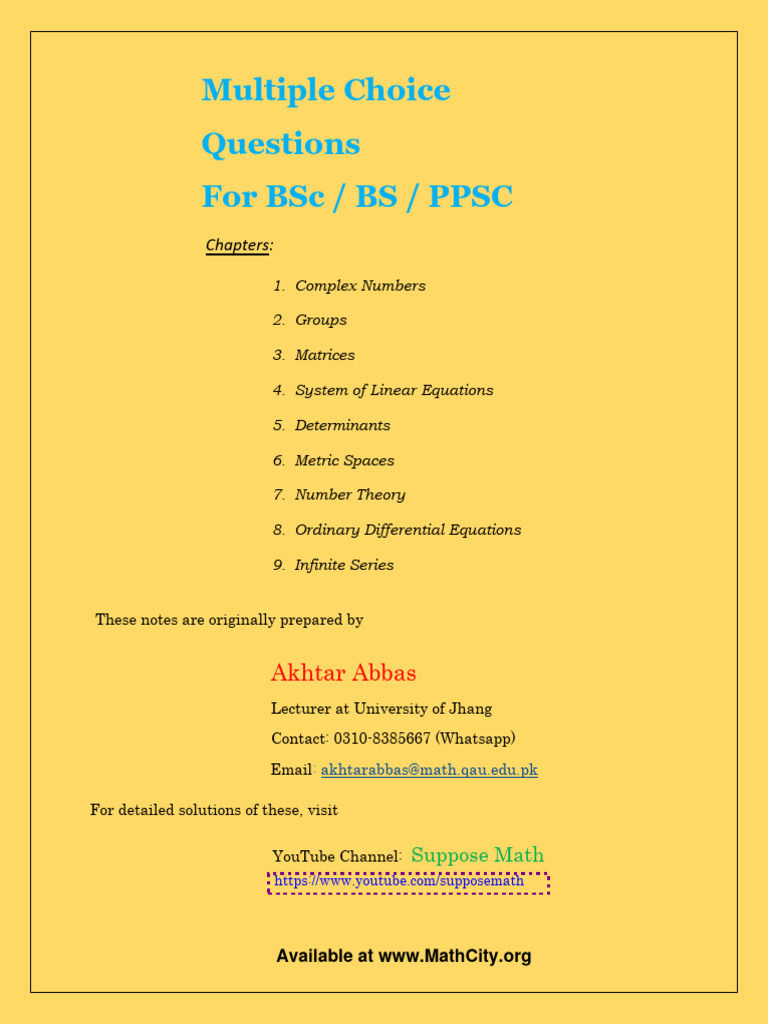 Multiple Choice Questions - BSC Bs PPSC - Akhtar Abbas | PDF | Group (Mathematics) | Index Of A ...