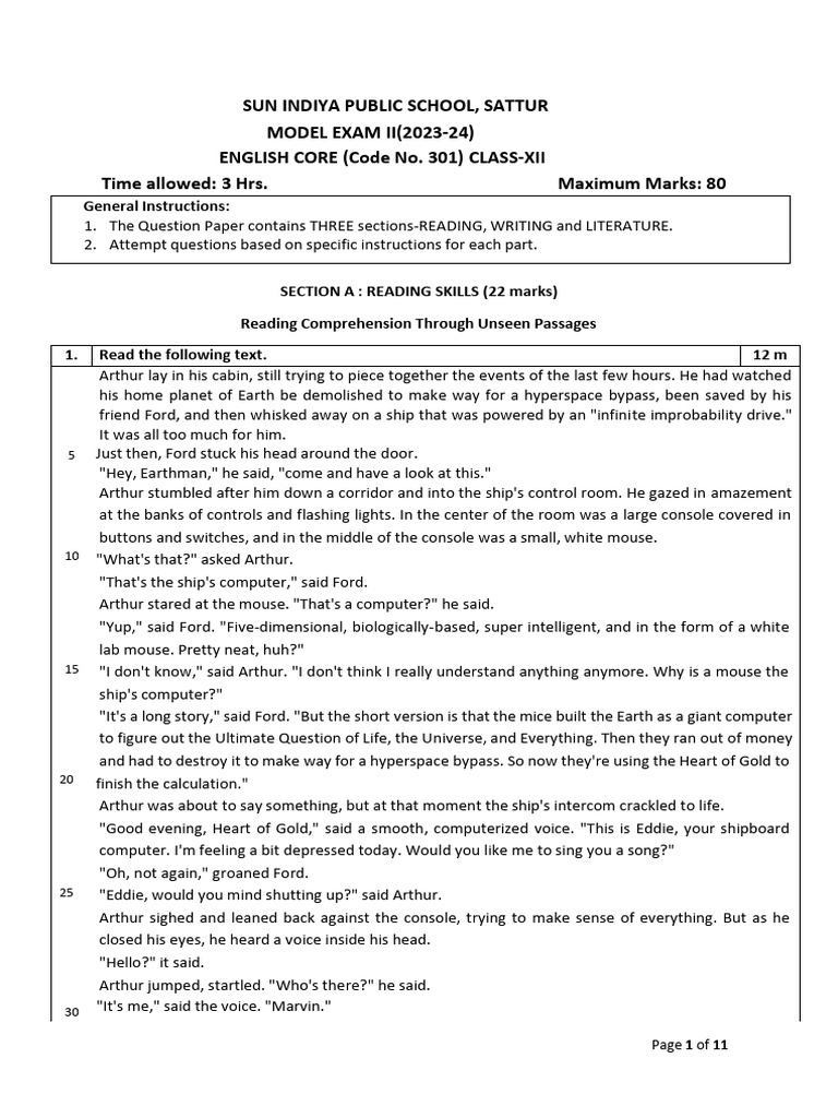 1st Paper - Model Exam II - English Core - QP | PDF