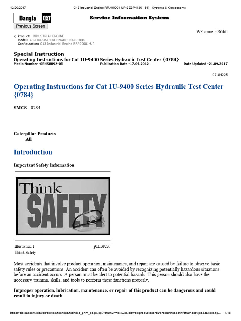 Operating Instructions For Cat 1U-9400 Series Hydraulic Test Center ...