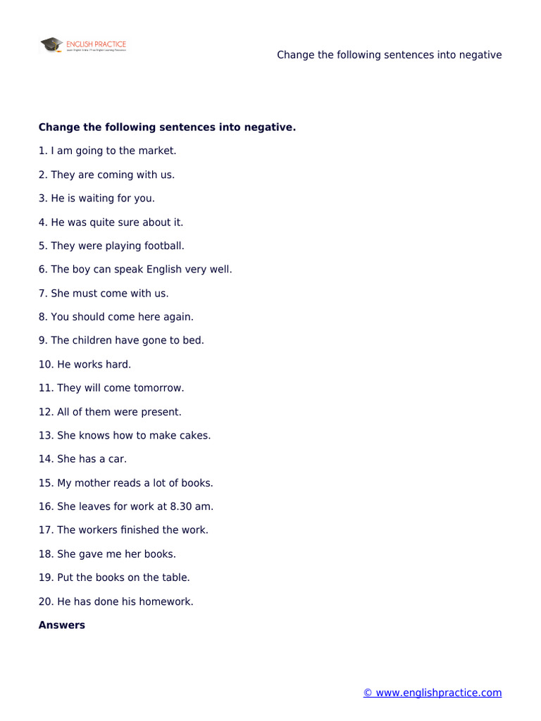 Change The Following Sentences Into Negative | PDF