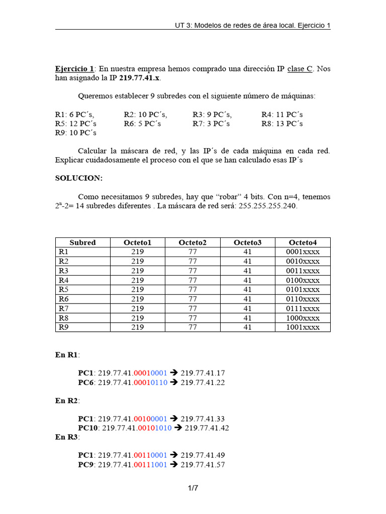 UT4 Ejercicio IP III (SubNetting) Solucionado | PDF | Dirección IP | Protocolos de comunicaciones