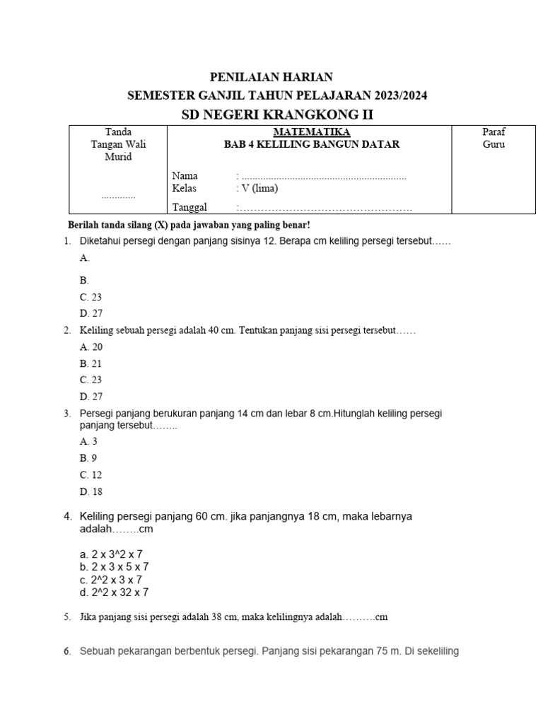 PH MTK - BAB 4 Keliling Bangun Datar | PDF