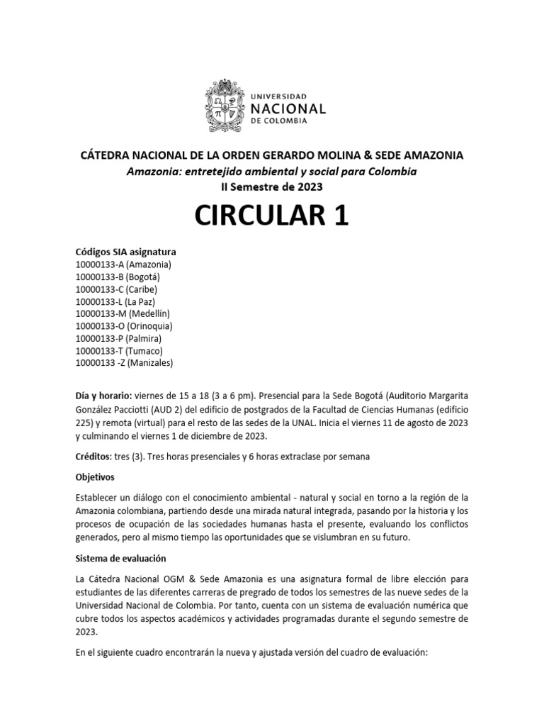 Cátedra Nacional OGM & Sede Amazonia II-2023 Circular 1 | PDF