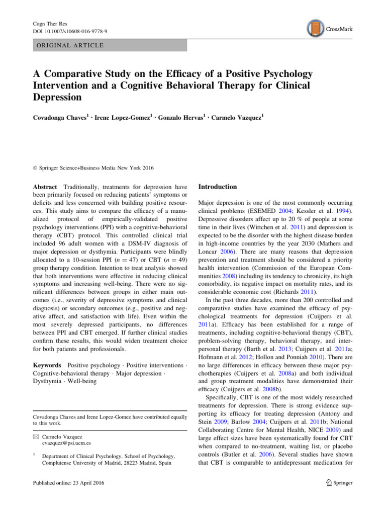 A Comparative Study On The Efficacy of A Positive Psychology Intervention and A Cognitive ...