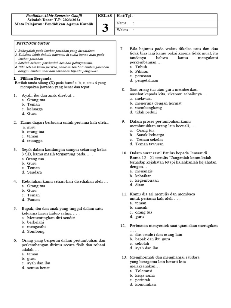 Soal PAS Agama Kelas 3 Sem 1 TA 2023-2024 | PDF