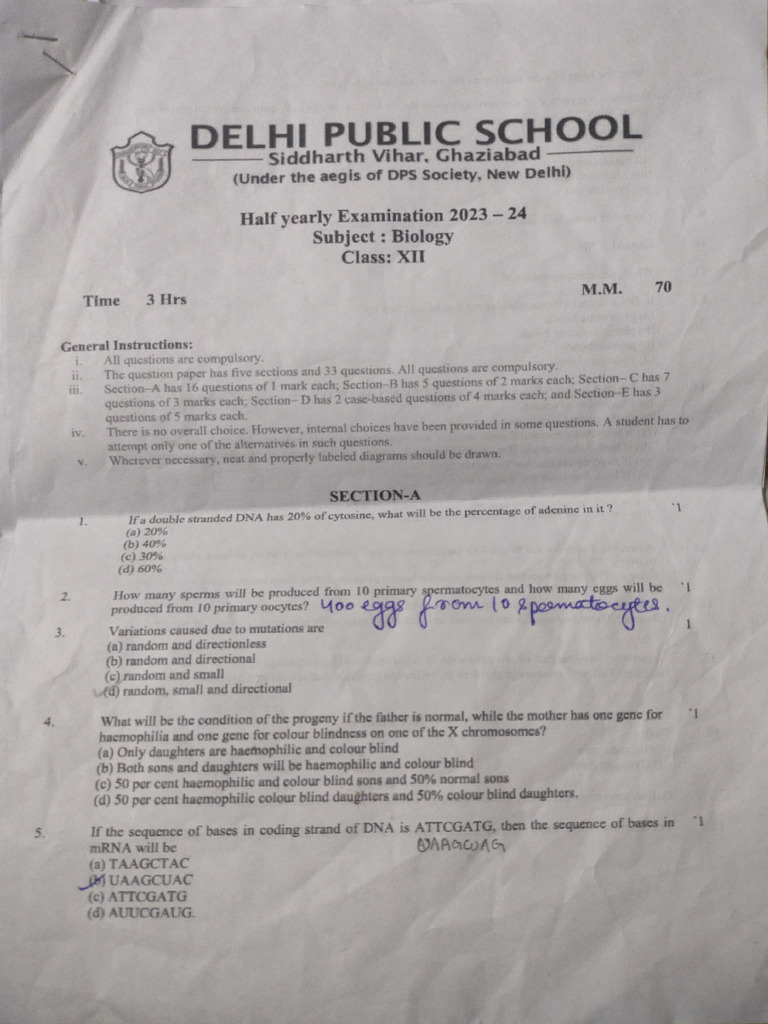 Class 12 Paper | PDF | Dominance (Genetics) | Genetics