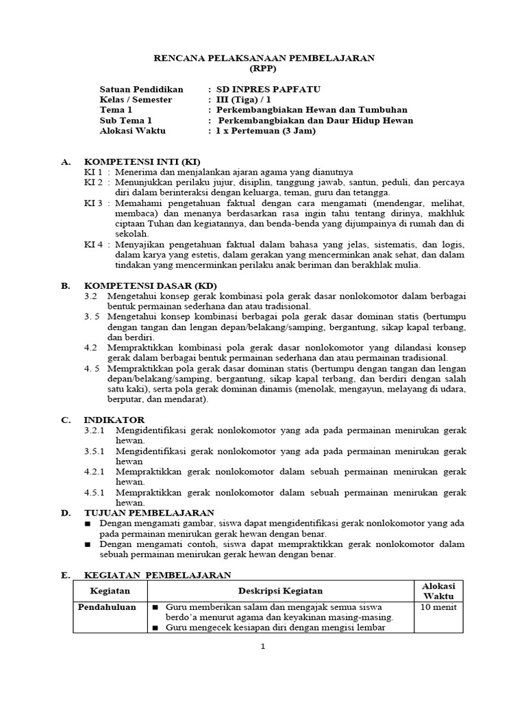 RPP Pjok Kelas 3 Tema 1 K13 2023 | PDF | Pengembangan Diri