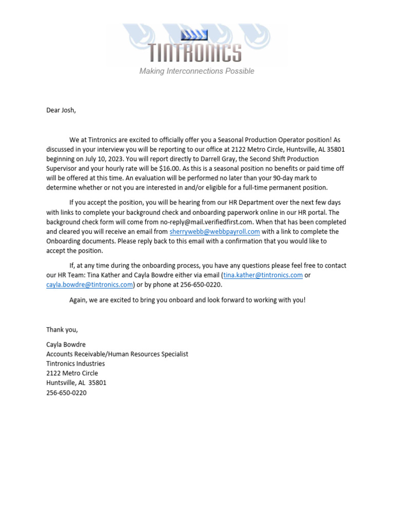 Seasonal Production Operator Offer | PDF