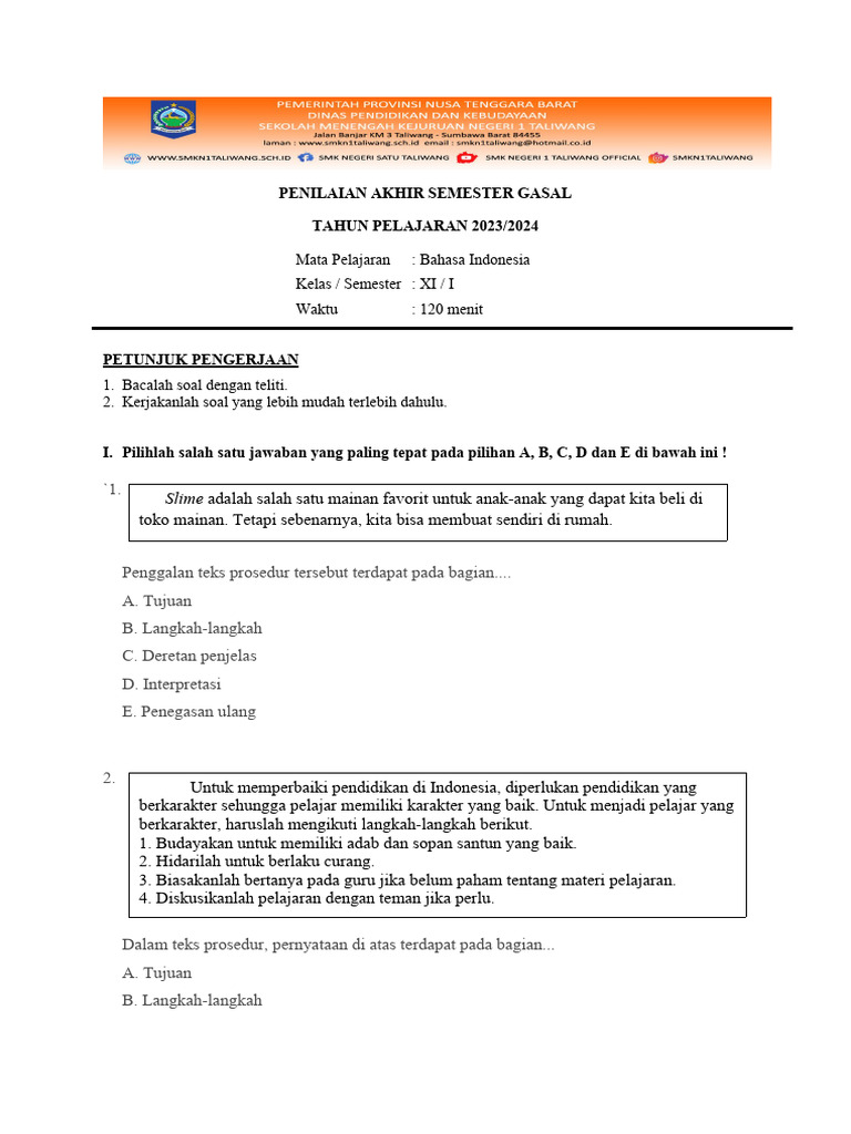 Butir Soal Bindo Xi s1 2023-2024 | PDF