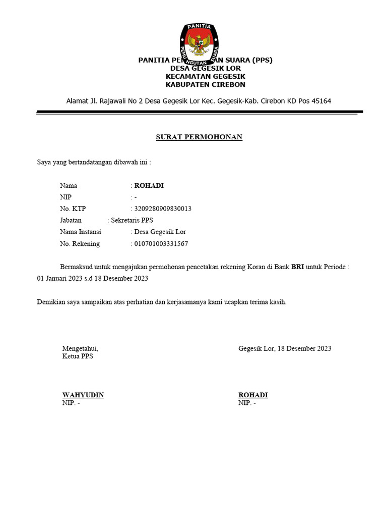 Permohonan Cetak Rekening Koran | PDF