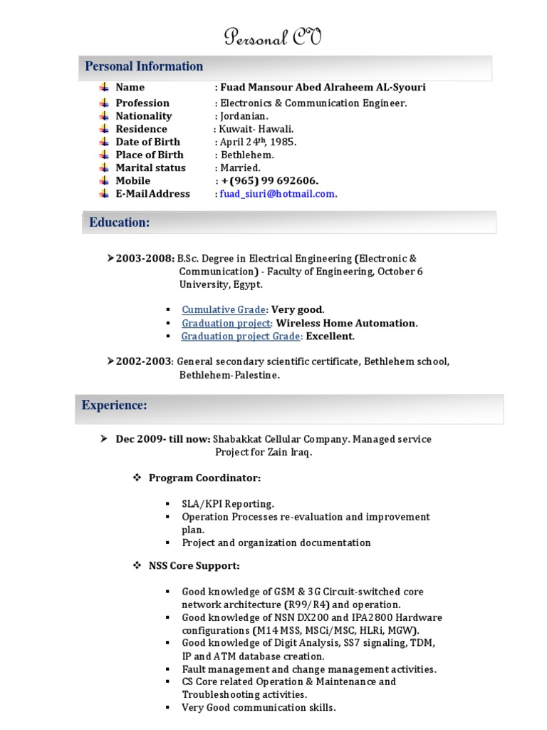 CV - Fuad Al Syouri | PDF | Telecommunication | Gsm