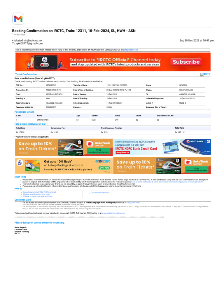 Gmail - Booking Confirmation On IRCTC, Train - 12311, 10-Feb-2024, SL, HWH - ASN | PDF | Service ...