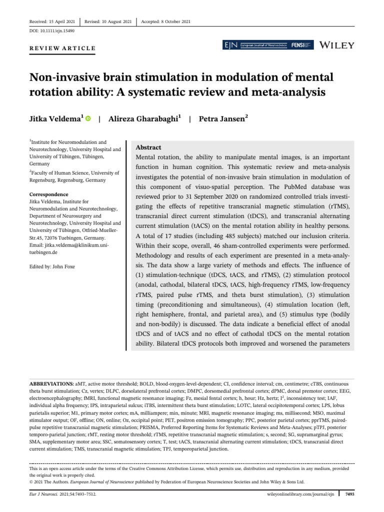 Eur J of Neuroscience - 2021 - Veldema - Non Invasive Brain Stimulation in Modulation of Mental ...