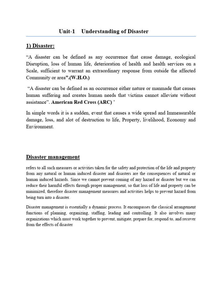 Unit-1 Understanding of Disasters Complete Notes | PDF | Hazards | Risk Unit-1 Understanding of Disasters Complete Notes | PDF | Hazards | Risk