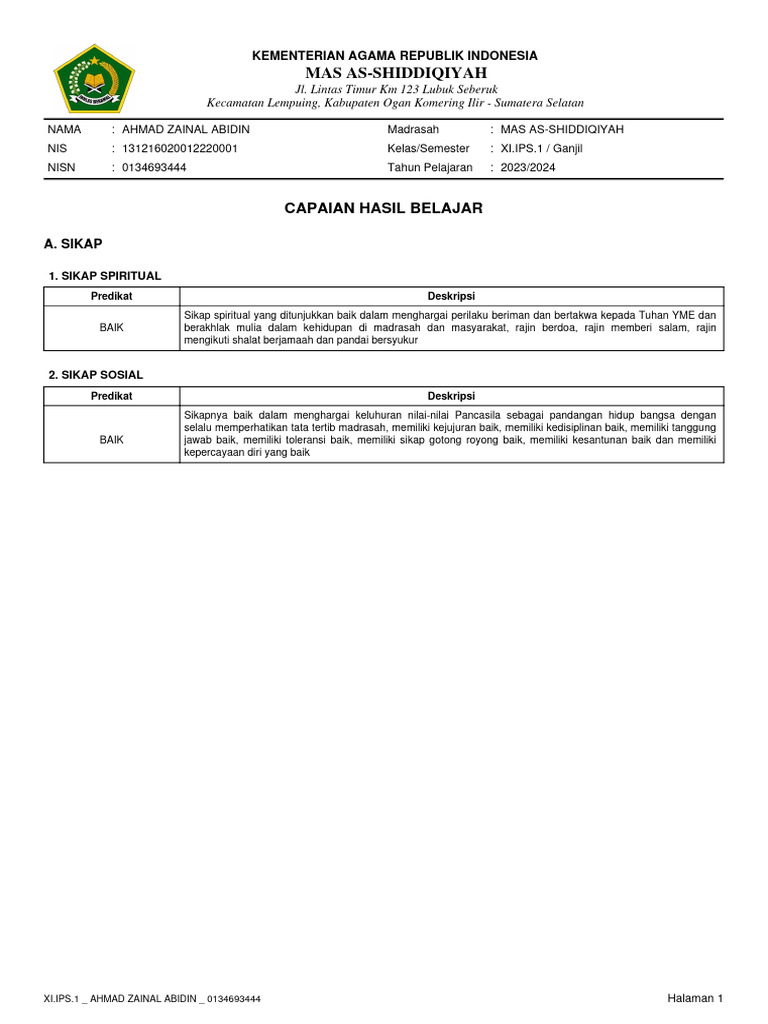 Rapor Kelas XI - IPS.1 | PDF
