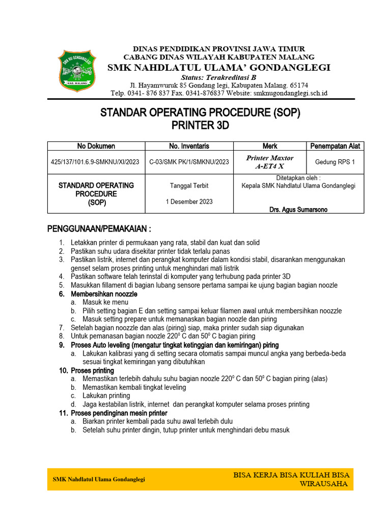 SOP Penggunaan Printer 3D | PDF | Teknologi & Rekayasa
