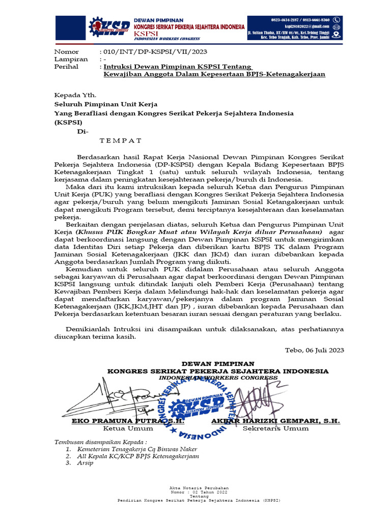 Intruksi Dewan Pimpinan Kspsi | PDF