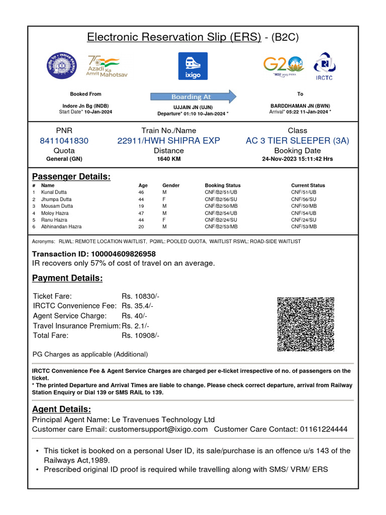 Electronic Reservation Slip (ERS) : 8411041830 22911/Hwh Shipra Exp Ac ...