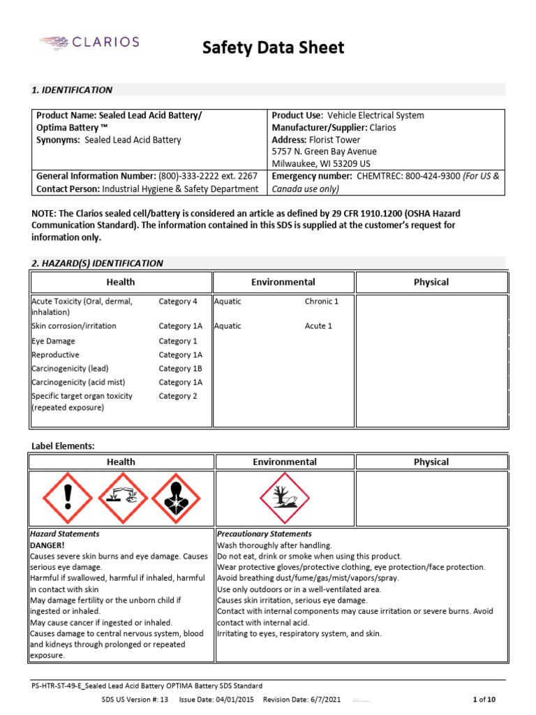 OPTIMA Battery SDS | PDF | Toxicity | Lead