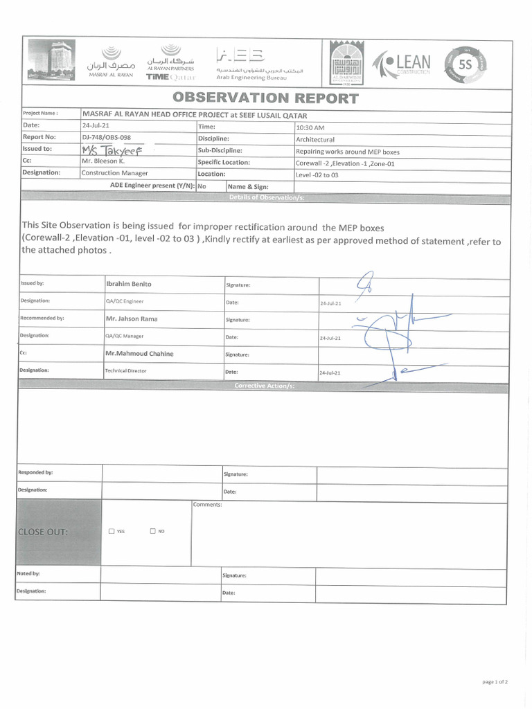 DJ-748-OBS-098 Observation Report For Rectification Around MEP Boxes | PDF