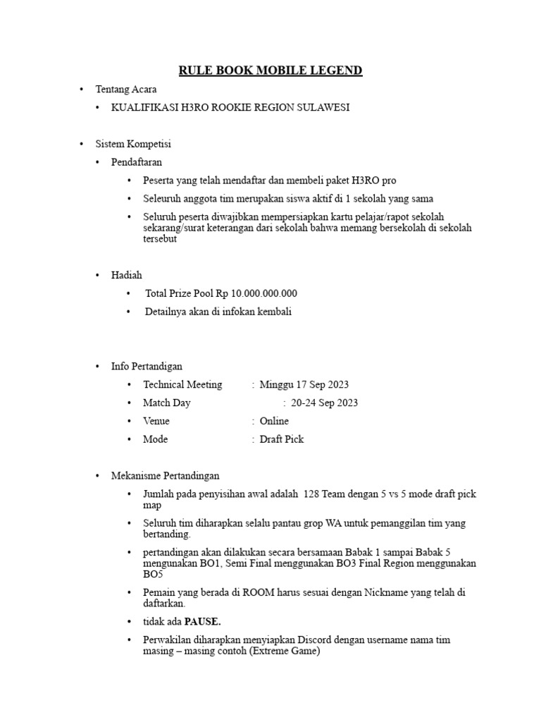 Aturan Turnamen Mobile Legend Sulawesi | PDF