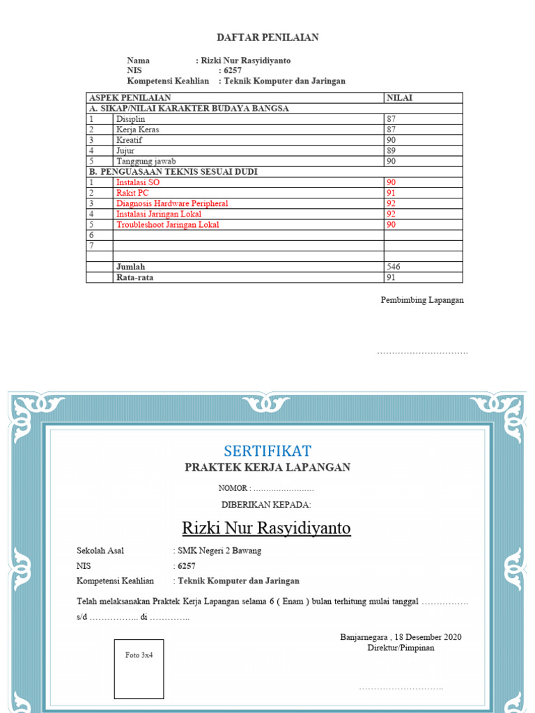 Contoh Sertifikat PKL TKJ | PDF