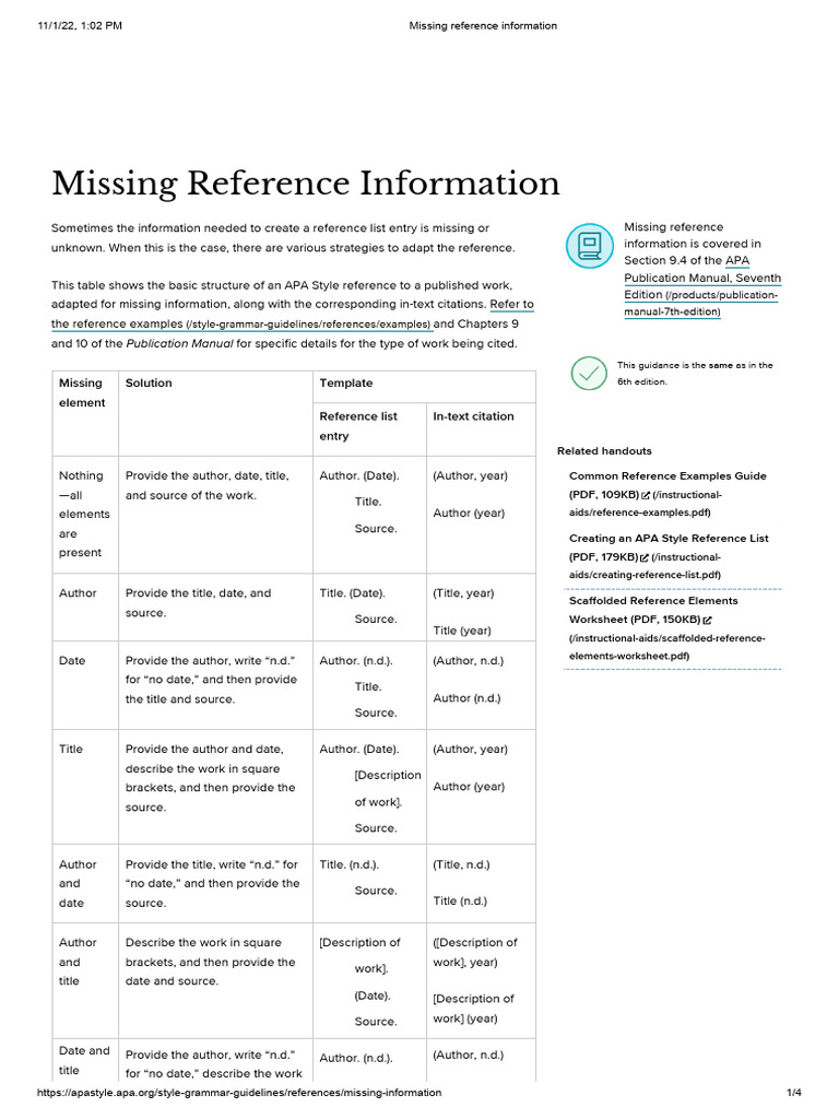 Missing Reference Information | PDF | Apa Style | Citation
