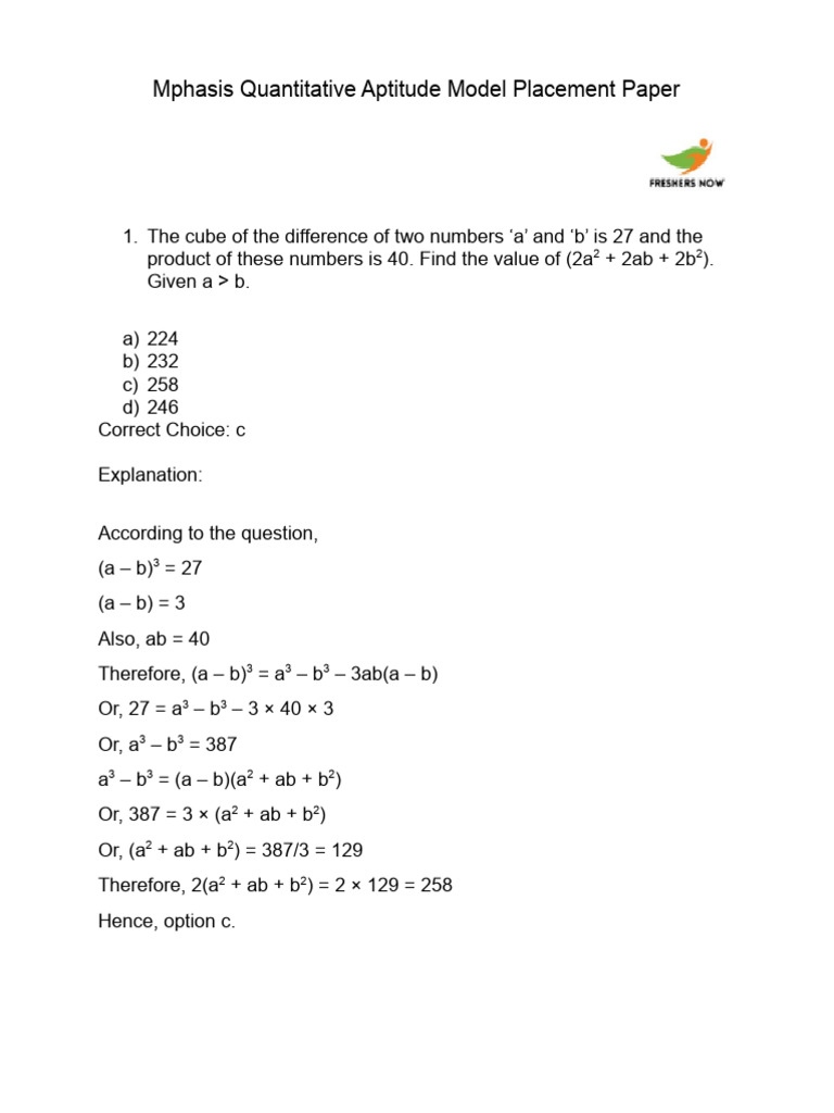 Mphasis Quantitative Aptitude Model Placement Paper | Download Free PDF ...