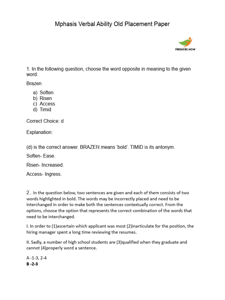 Mphasis Verbal Ability Old Placement Paper | PDF | Verb | Question