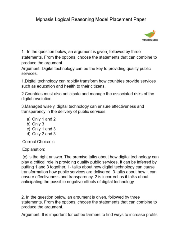 Mphasis Logical Reasoning Model Placement Paper | PDF