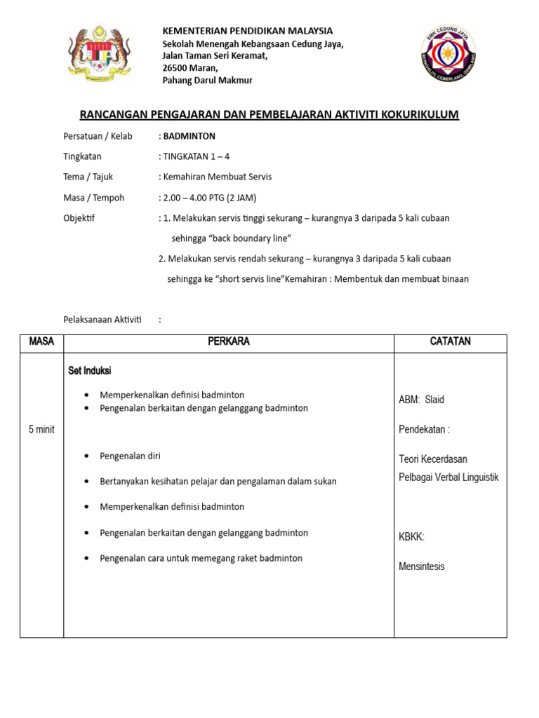 Rancangan Penjajaran Aktiviti Kokurikulum | PDF
