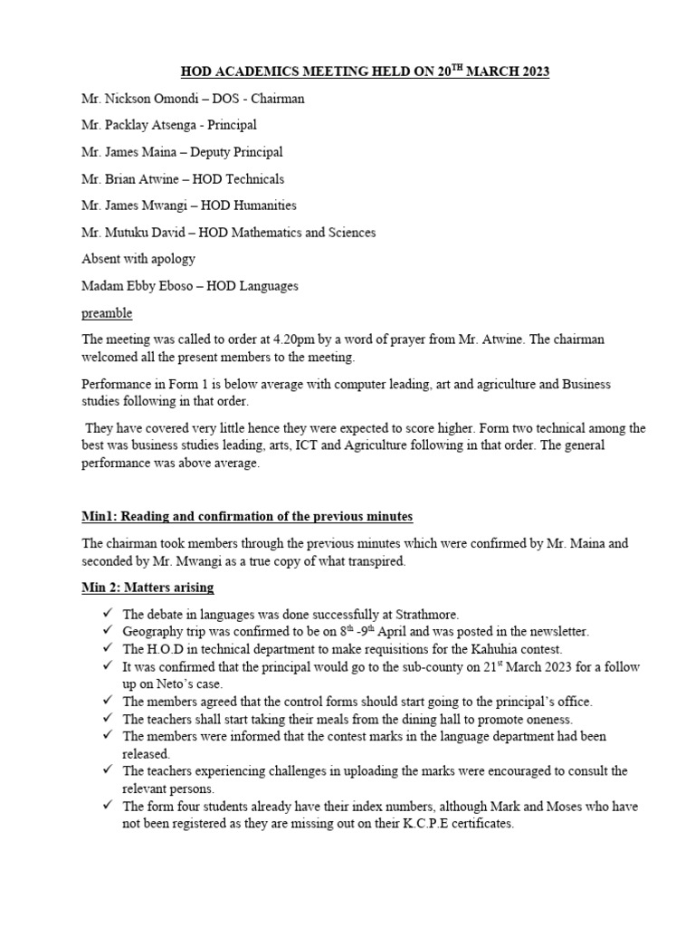 HOD Academics Meeting Summary - March 2023 | PDF