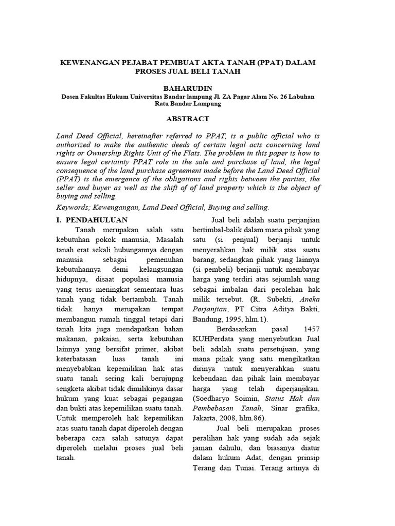 Kewenangan Pejabat Pembuat Akta Tanah (Ppat) Dalam | PDF